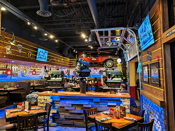 Where else can you eat beneath a vintage Ford suspended from the ceiling? It's dinner and an automotive museum, minus the "please don't touch" signs.