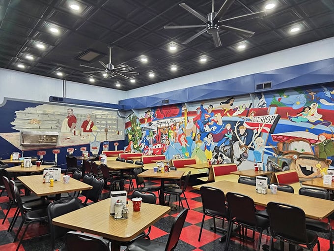 Colorful murals transform simple surroundings into a feast for the eyes. The checkered floor and no-nonsense tables promise a dining experience untouched by pretension.