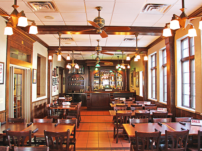 Inside Saz's, warm wood tones and gentle lighting create the perfect backdrop for barbecue revelations. Like a carnivore's chapel where smoke is the sermon.