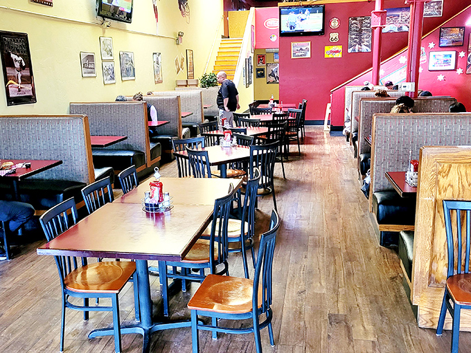 Step into a world where calories don't count and burger dreams come true. This cozy interior is like your cool uncle's man cave, but with better food.