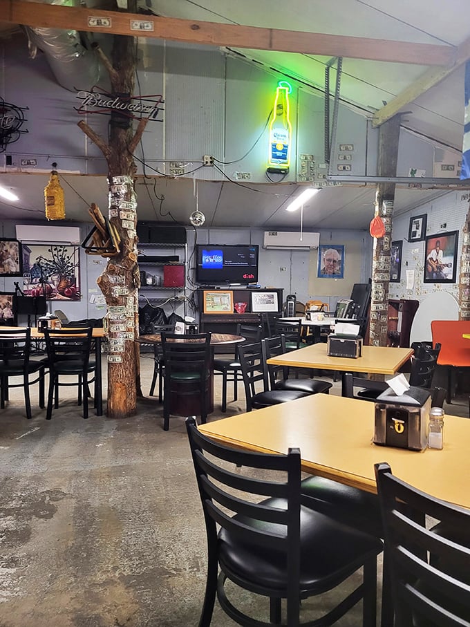 Step inside and you'll feel like you've entered a time capsule of Americana. Dollar bills and neon signs create a tapestry of local flavor.