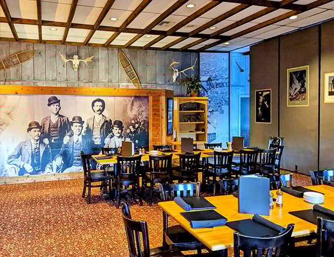 Cowboy chic meets cozy comfort in this dining room. The vintage photos on the wall practically whisper tales of Park City's colorful past.