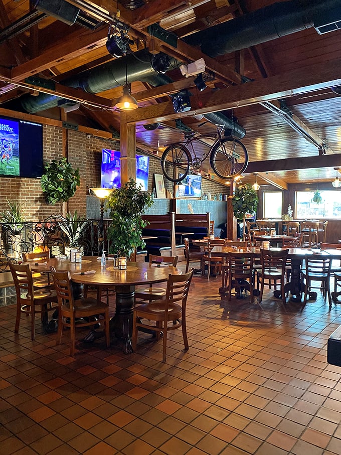 Forget the Batcave, this is the real hero's lair. With exposed beams, brick walls, and a bike hanging from the ceiling, J.P. Henry's interior screams "cool casual."