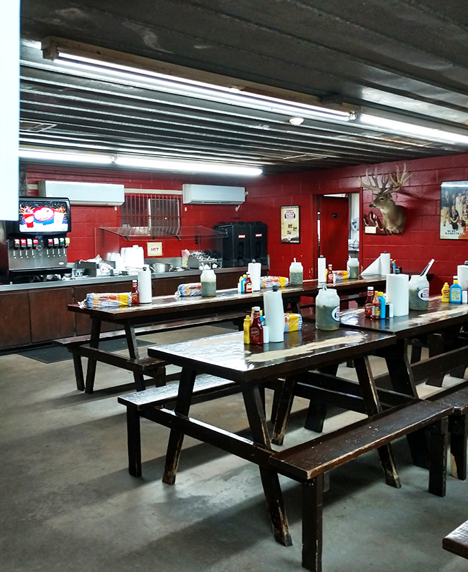 Step into a carnivore's dream! Red walls, mounted deer heads, and picnic tables set the stage for a down-home feast that'll have you loosening your belt in no time.