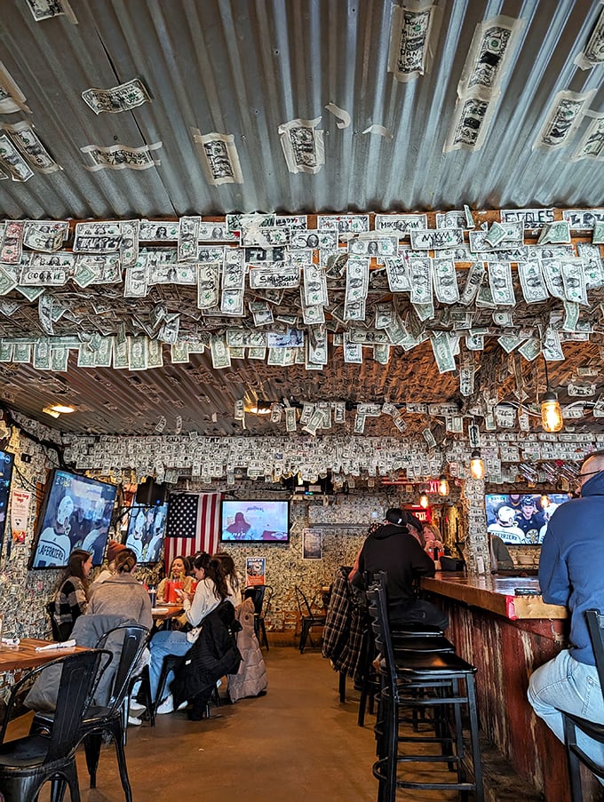 Forget wallpaper &ndash; The Goat's interior decor is all about the Benjamins! Dollar bills cover every surface, a testament to satisfied customers and creative tipping.