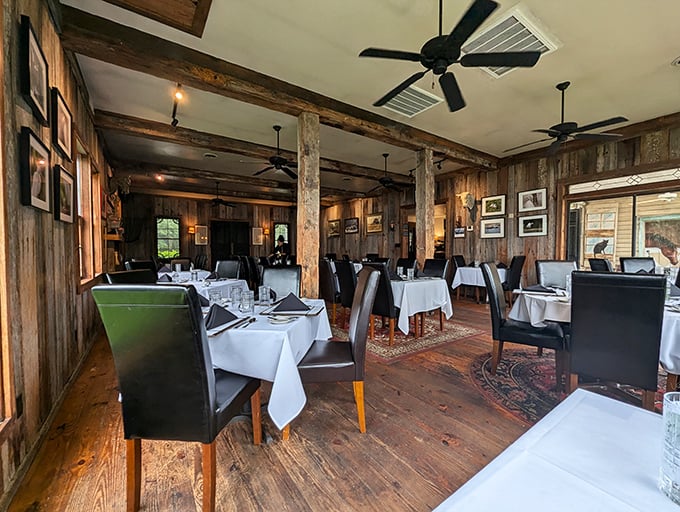 Step inside and you're transported to a rustic wonderland. The wood-paneled walls whisper tales of countless satisfied diners, while the aroma of sizzling steaks fills the air.