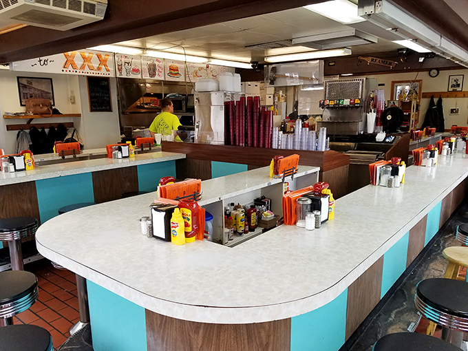 Welcome to burger paradise! The horseshoe counter invites you to saddle up for a feast of comfort food classics.