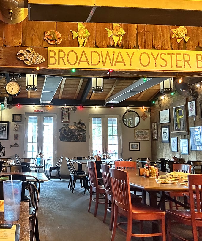 Step into a time machine of taste! The interior of Broadway Oyster Bar is a delightful mishmash of nautical charm and musical memorabilia.