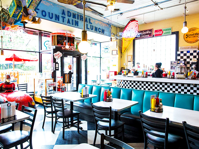 Checkered floors and turquoise booths? Check! This diner's interior is like a hug from your coolest grandma's kitchen &ndash; warm, inviting, and delightfully kitschy.