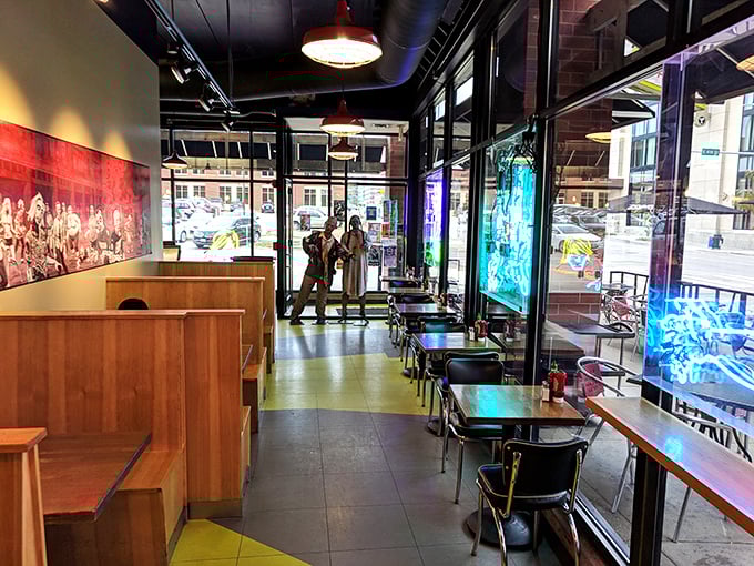 Step inside and enter a world where horror meets hospitality. Vibrant murals and neon signs create an atmosphere that's equal parts eerie and inviting.