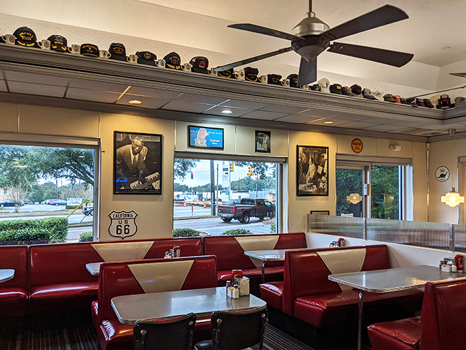 Slide into a slice of Americana! The interior is a jukebox dream come true, with red vinyl booths that practically beg you to order a milkshake.