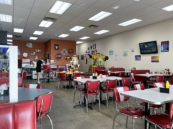 Forget DeLoreans, this diner's interior is the real time machine. Red vinyl booths and chrome accents? Great Scott, we've hit the nostalgia jackpot!