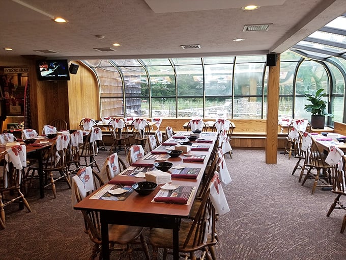 Step into a dining room that's part cozy cabin, part maritime museum. It's like eating in the world's most delicious ship's galley!