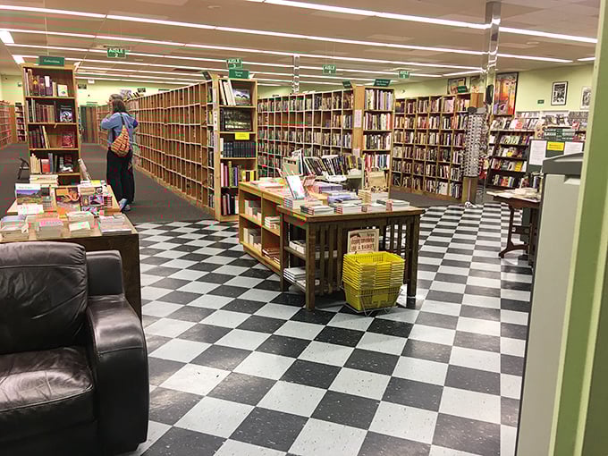 Step into a book lover's paradise! This checkerboard wonderland is where Alice would shop if she traded Wonderland for a literary adventure.