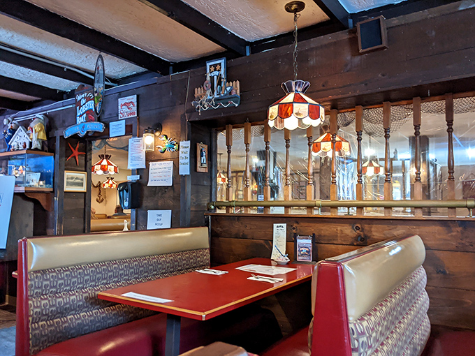 Step inside and you're instantly transported to a cozy maritime wonderland. It's like a New England fishing village shrunk down and stuffed into a restaurant!