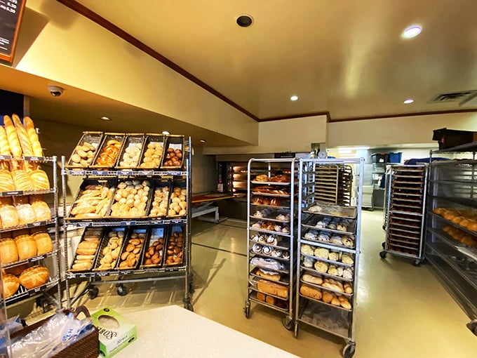 Bread paradise found! Shelves stocked with golden loaves and pastries make this bakery look like it was designed by the Carb Fairy herself.