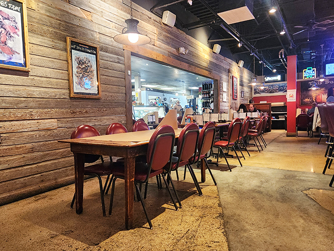 Step inside and you're transported to a cozy coastal hideaway. The wooden walls whisper tales of seafaring adventures in landlocked Omaha.