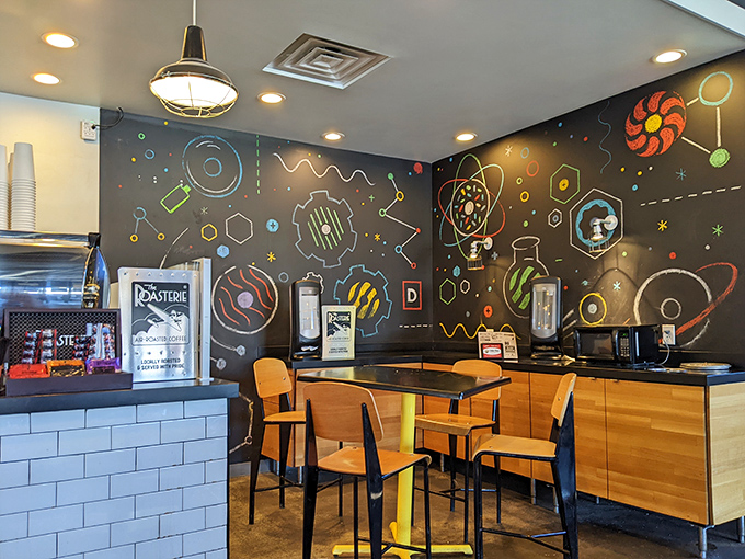 Einstein meets Homer Simpson in this whimsical wonderland. Donutology's interior is a playful fusion of science and sweetness, where formulas lead to frosting.