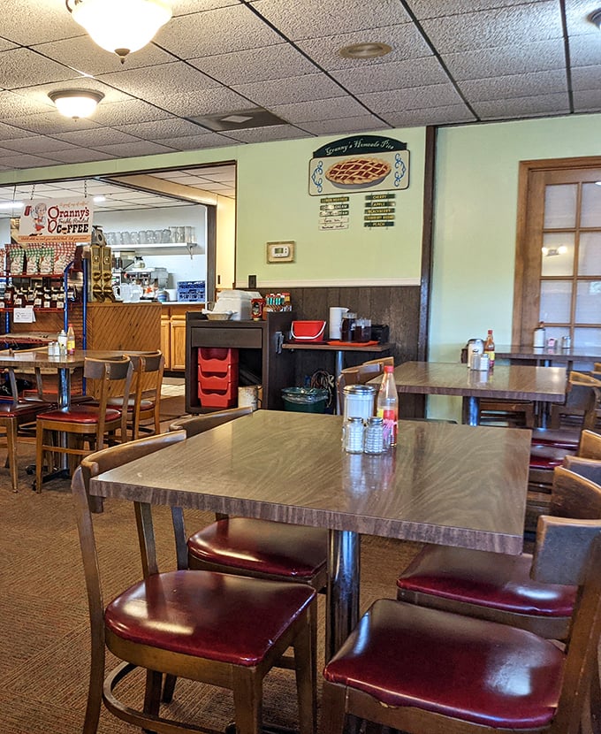 Step into a time capsule of comfort, where red vinyl seats and wood paneling set the stage for breakfast magic that would make Doc Brown proud.