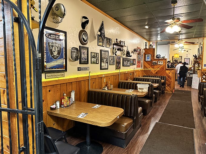 Step into a time capsule of comfort! This cozy interior is where sports memorabilia meets grandma's living room, creating the perfect breakfast haven.