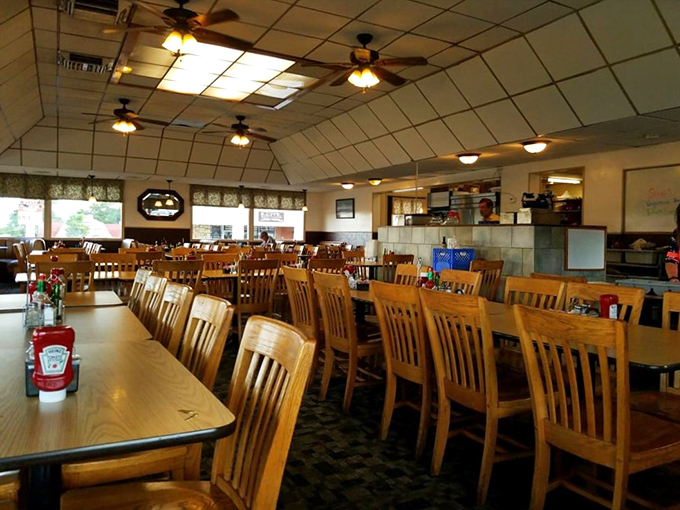 Step into a time capsule of comfort! The cozy interior whispers tales of countless satisfying meals and happy customers.