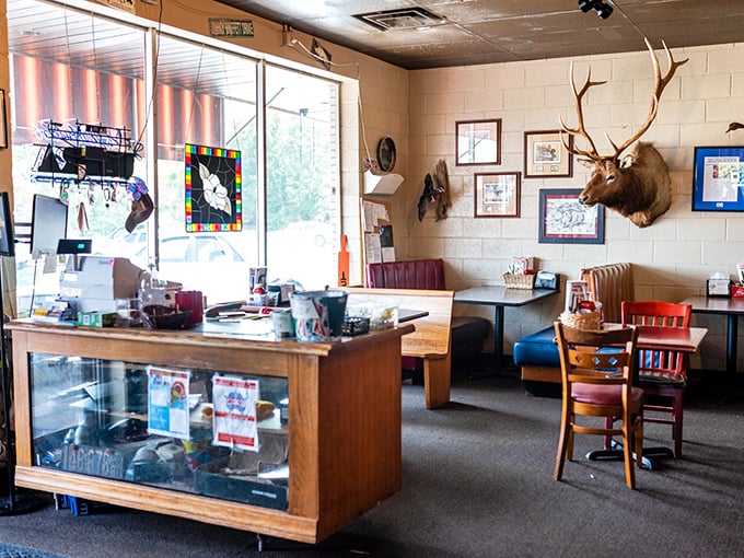 Step inside and embrace the eclectic charm. It's like your favorite aunt's living room met a hunting lodge, and they decided to serve incredible food.