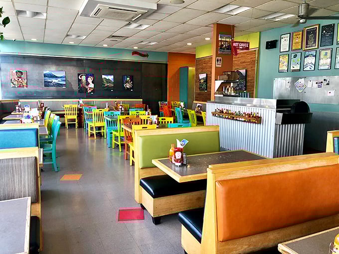 Step into a rainbow explosion! This interior is brighter than the Northern Lights, with chairs that look like they raided a Crayola factory. Comfort meets whimsy in every corner.