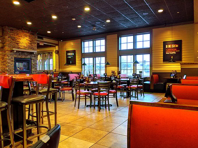 Step inside and feel the warmth wash over you. It's like walking into your favorite uncle's cabin, if your uncle was a BBQ mastermind with a penchant for cozy ambiance.