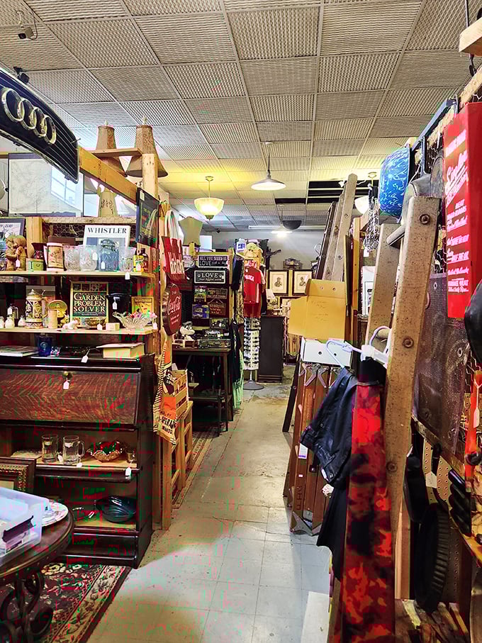 Narrow aisles, packed shelves, and endless possibilities. It's like your grandma's attic had a wild night out with an antique store.
