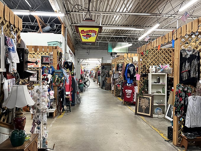 Welcome to the bargain hunter's paradise! Wooden lattice walls create a maze of curiosities, each turn promising a new adventure in vintage shopping.