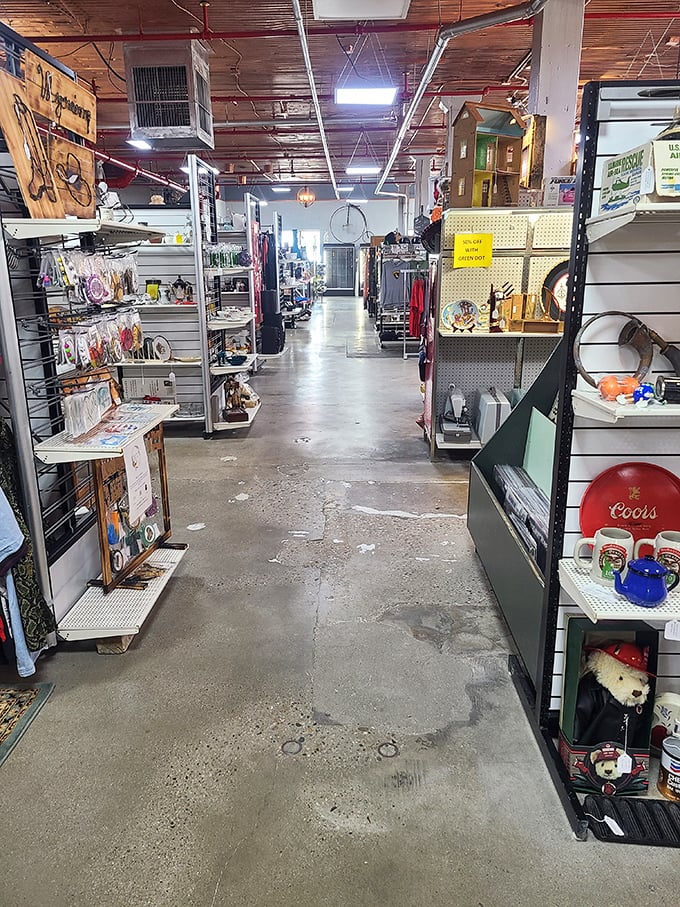 Concrete floors and pegboard walls create the perfect backdrop for treasure hunting, where every aisle promises a new adventure in nostalgia.