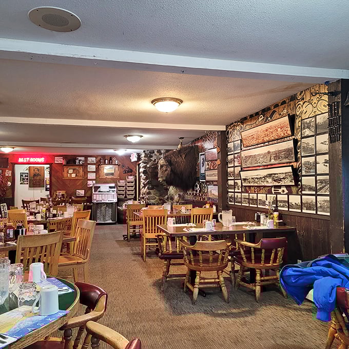 Inside Gwennie's, time stands delightfully still. The mounted musk ox watches over diners like a woolly guardian of breakfast traditions.