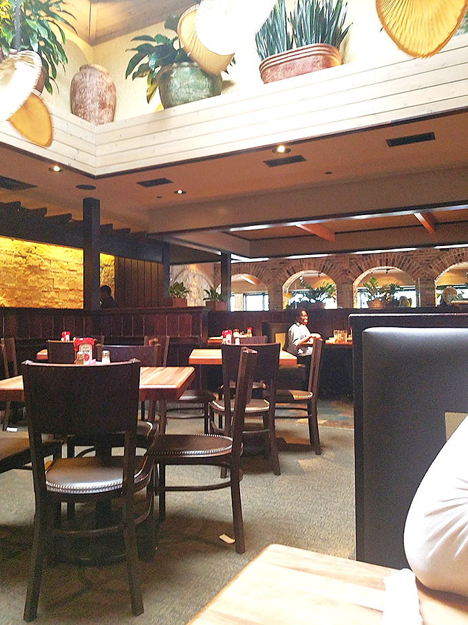 Inside, warm lighting and thoughtful design create that rare atmosphere that's both spacious and cozy. The plants add a touch of life to the wood-and-stone interior.