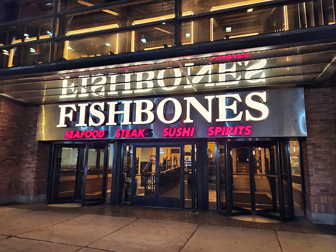 Fishbone's: Where neon dreams and seafood schemes collide. It's like Vegas for your taste buds, minus the slot machines!