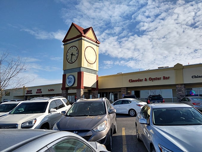 Waterfront Seafood Market: Where time stands still, but the seafood's always fresh! That clock tower's not just for show – it's fish o'clock somewhere.