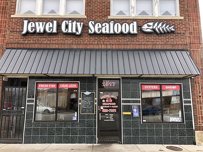 Daytime or nighttime, Jewel City Seafood's storefront promises a treasure trove of oceanic delights. X marks the spot for seafood lovers!