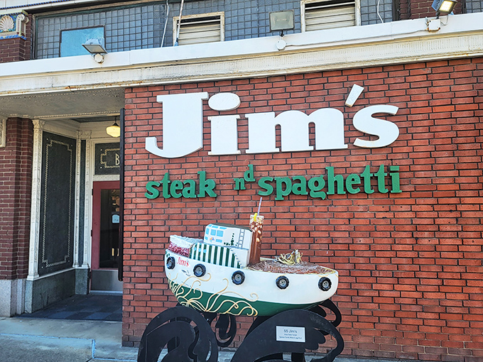 Neon dreams and comfort food schemes. Jim's facade is like a warm hug from your favorite vintage cookbook.