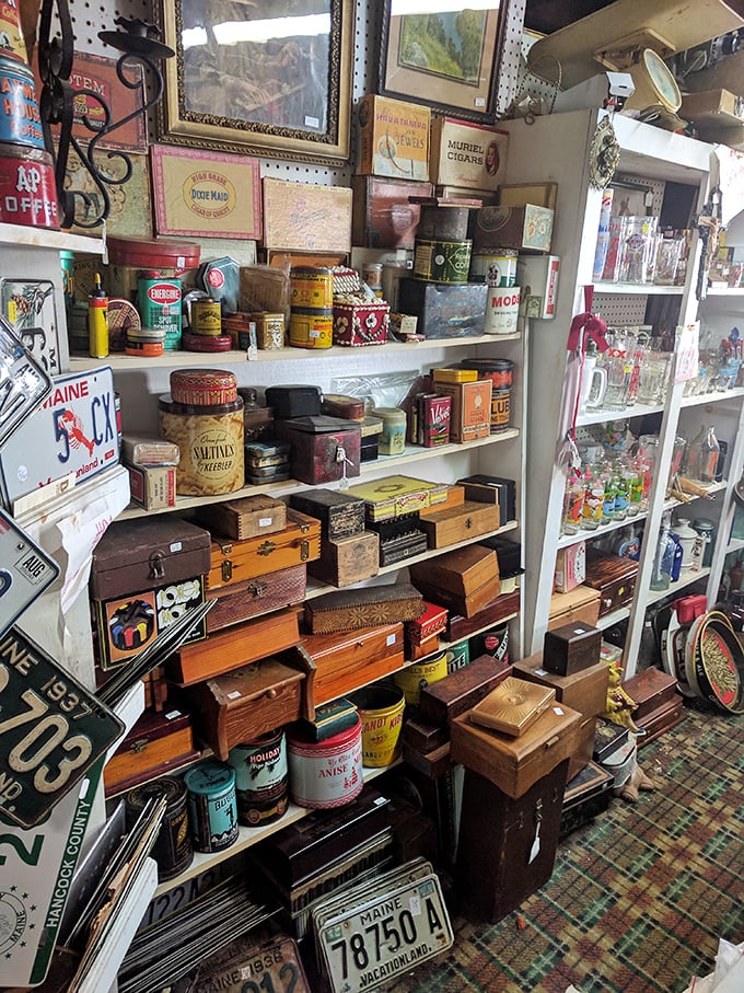 Great Scott! It's a cornucopia of curiosities. From vintage tins to retro signs, this nook is a time capsule of Americana.