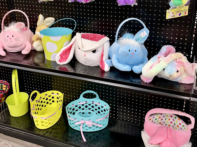 Plush pals and pastel baskets galore! It's like a nursery rhyme come to life in the kids' section.