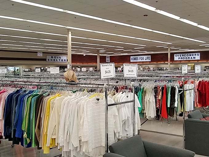 A rainbow of possibilities! From vintage gems to modern steals, this clothing section is a fashionista's playground.