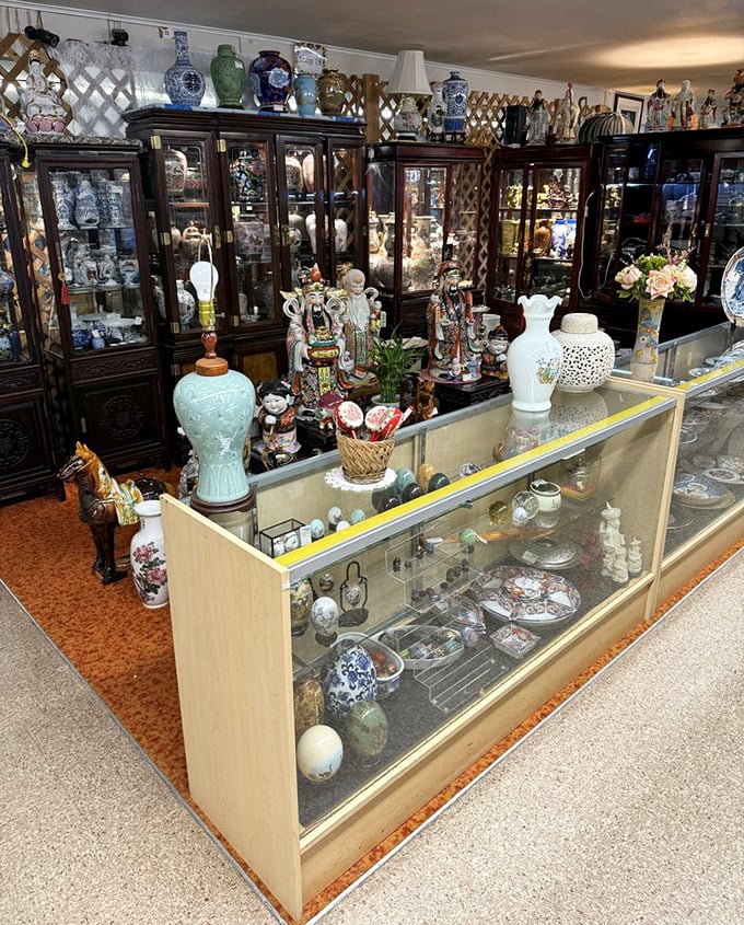 Curio cabinets bursting with stories. Each shelf is a chapter in the book of "Things We Didn't Know We Needed."
