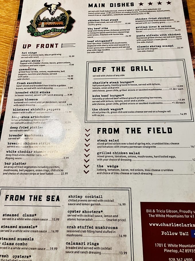 Menu, oh menu, how do I choose thee? From "Up Front" appetizers to "Off the Grill" delights, each option is a siren song for your taste buds.