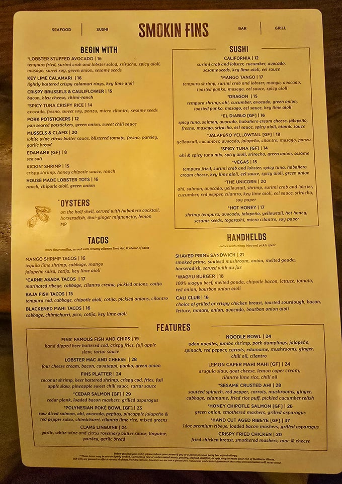 A menu that reads like a love letter to the sea. From sushi to tacos, it's a culinary adventure waiting to happen.