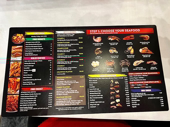 Decisions, decisions! This menu is like a treasure map, guiding you to delicious bounty. X marks the spot for seafood satisfaction.