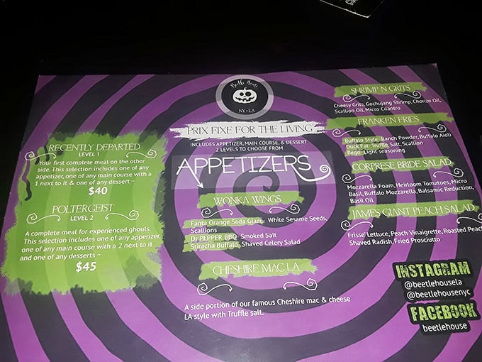 Decisions, decisions! This menu is a twisted fairytale of culinary delights. Who knew choosing between "Recently Departed" and "Frankenfrys" could be so fun?