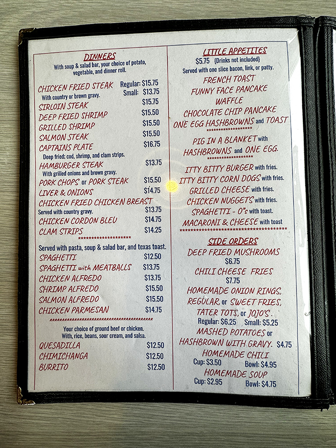 Menu madness! From "Funny Face Pancakes" to "Captain's Plate," Sam's offerings read like a culinary choose-your-own-adventure novel.