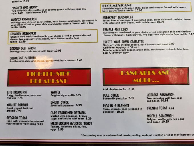 Decisions, decisions! This menu is like a greatest hits album of diner classics. From "Huevos Rancheros" to "Pigs in a Blanket," your taste buds are in for a wild ride.