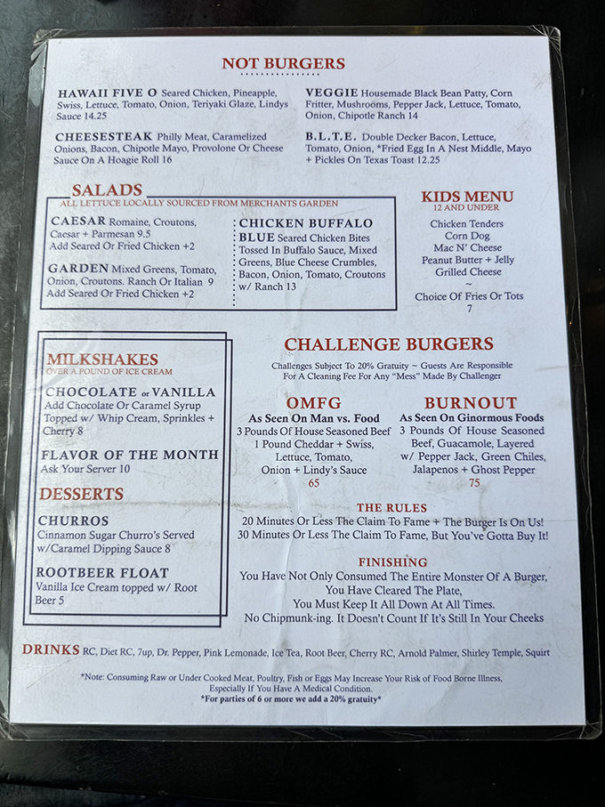 The menu of dreams! Lindy's offerings read like a love letter to comfort food, with challenges that'll make your stomach growl and your belt quiver.