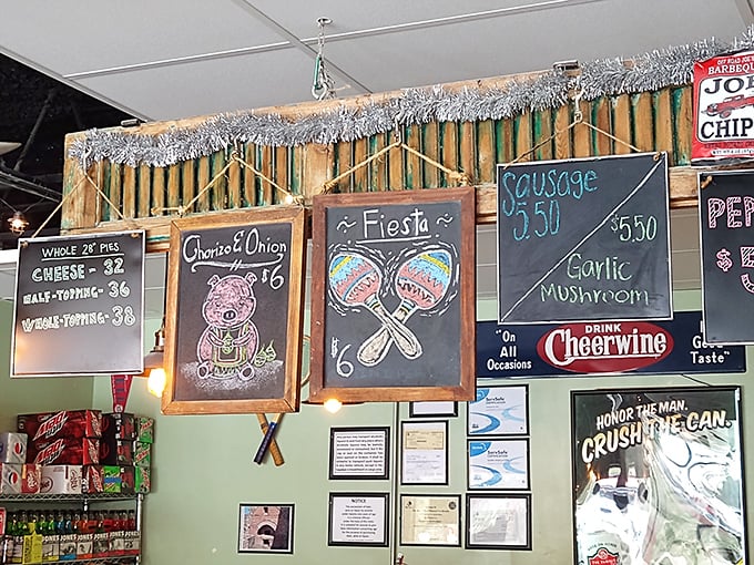 Choices, choices! This menu board is like a greatest hits album of pizza toppings. Time to compose your own cheesy symphony.