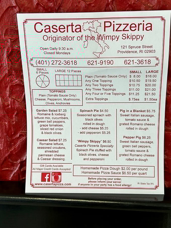 Behold, the sacred text of pizza perfection! Caserta's menu is a tantalizing treasure map, guiding hungry explorers to the legendary Wimpy Skippy and beyond.